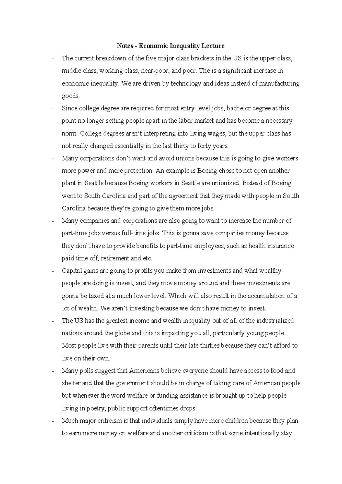 Sociology 101 - Notes - Economic Inequality Lecture - Notes - Economic ...
