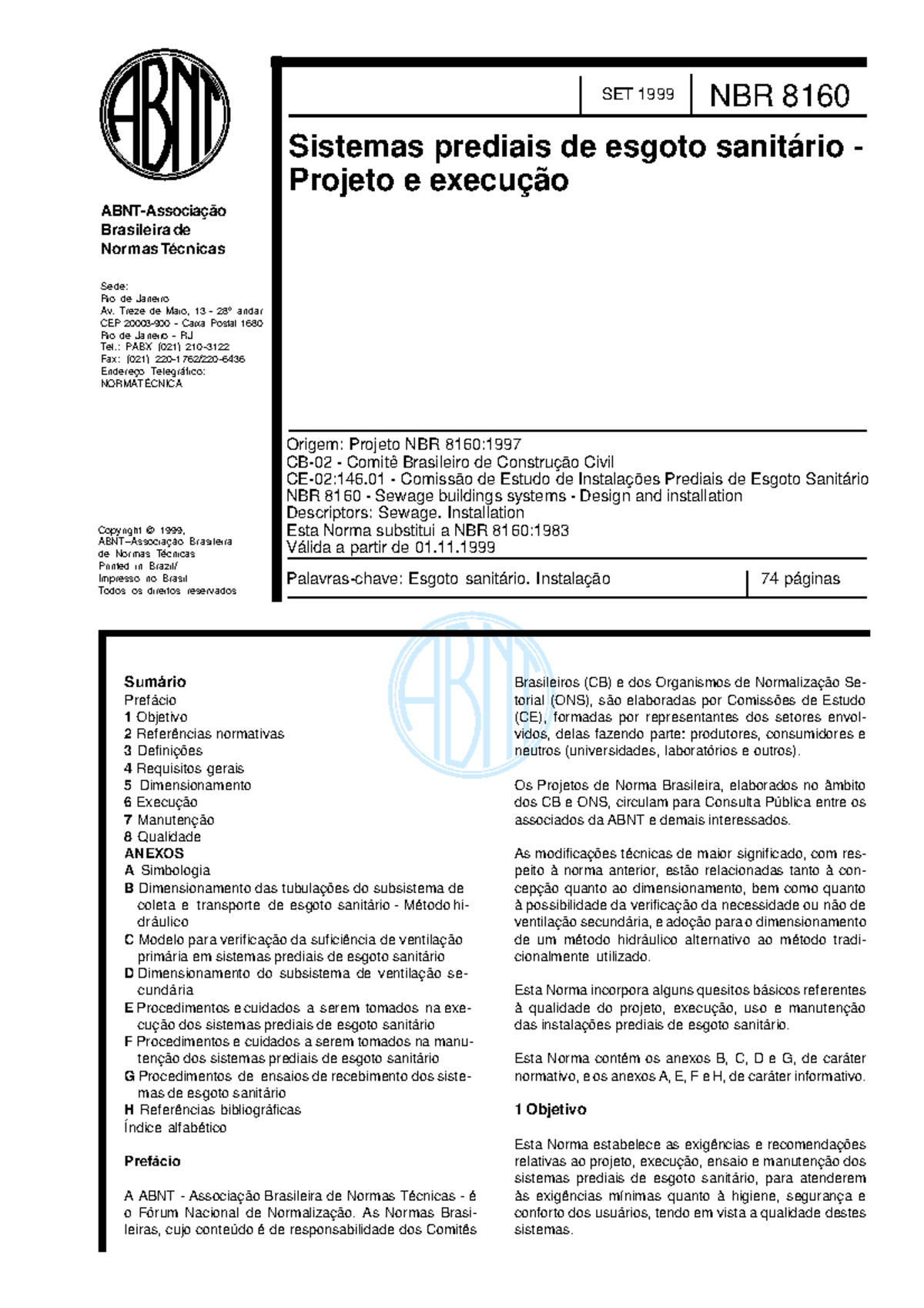 ABNT NBR 8160-1999 Sistemas prediais de esgoto sanitário - Projetoe ...