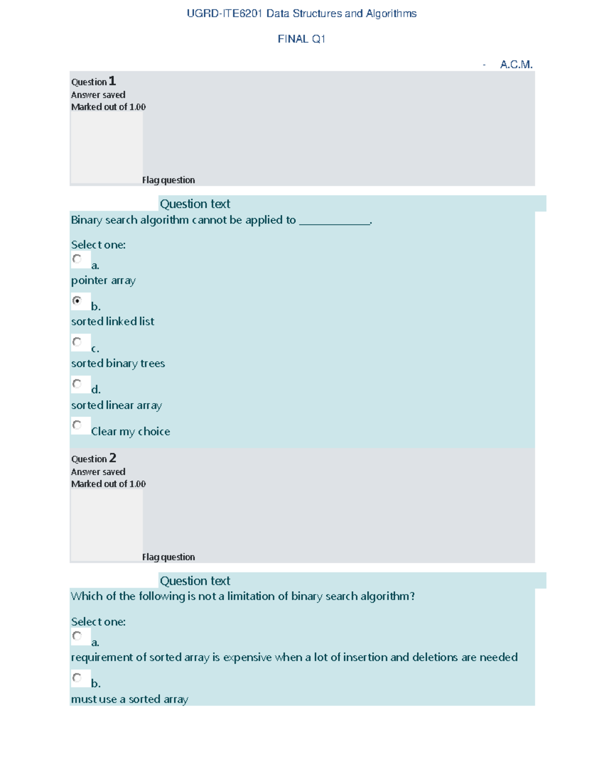 Final Exam Q1 - D.S. & Algorithms Questions and Answers - Studocu