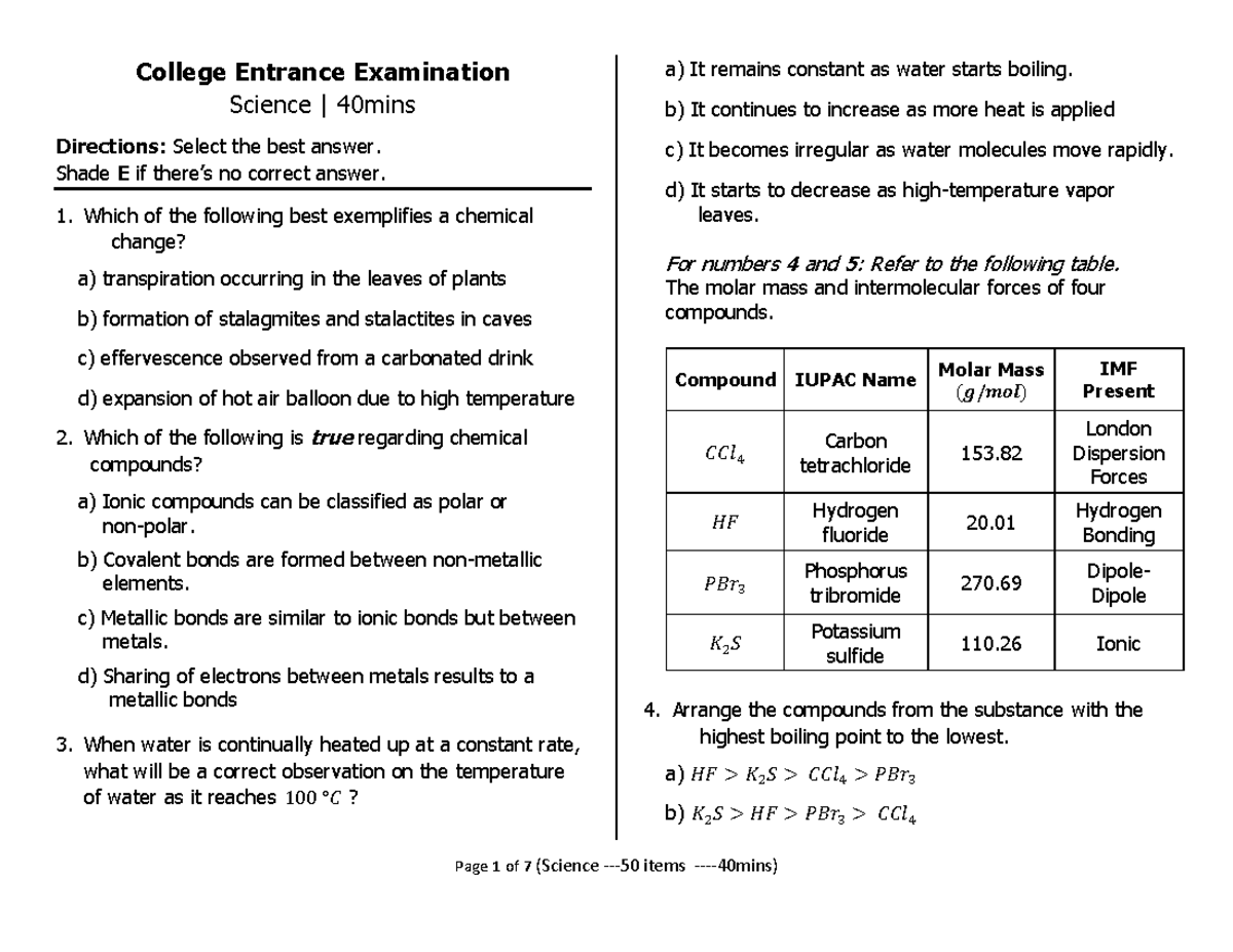 SET1 Science - Mock Exam Review Questions and Answers - Studocu