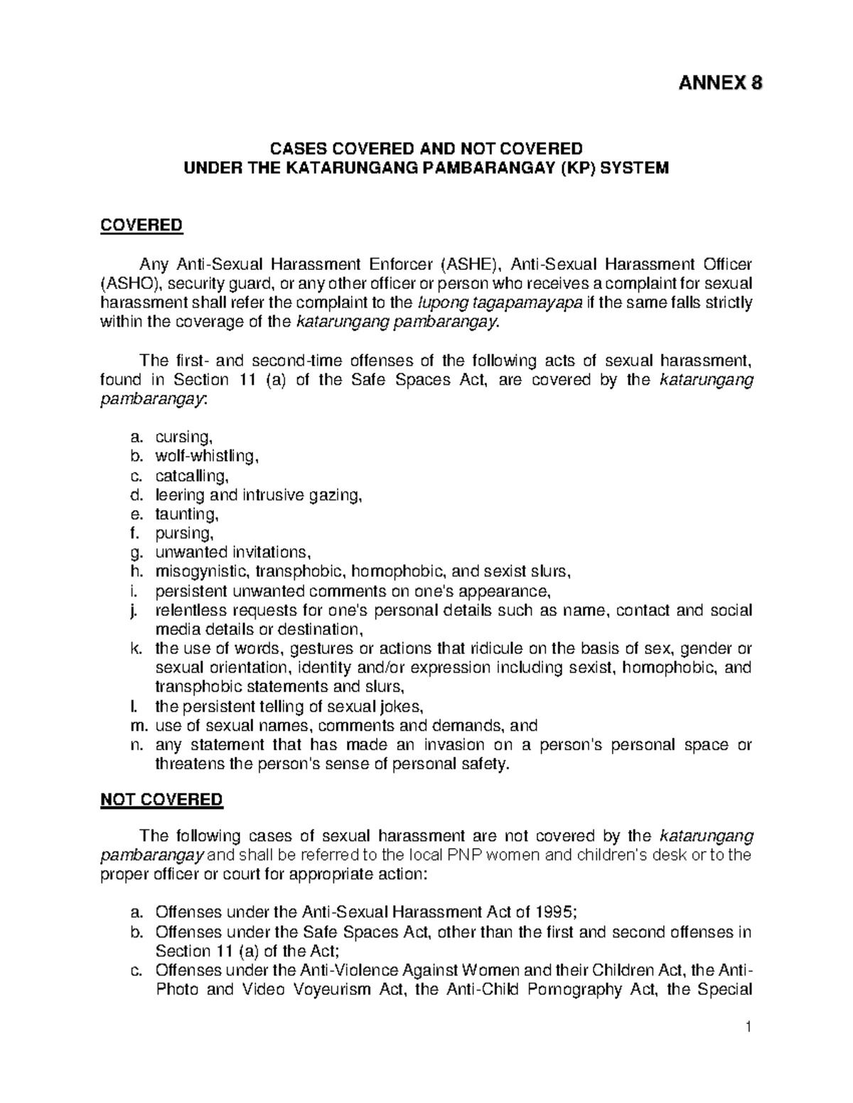 Annex 8: Cases Covered/Not Covered Under the Katarungang Pambarangay ...