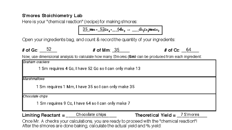 Stoichiometry Lab: Smores Recipe Analysis (Chem 101) - Studocu