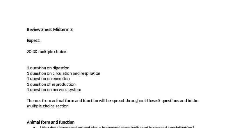 Midterm Review Sheet: Animal Form and Function (BIO 101) - Studocu
