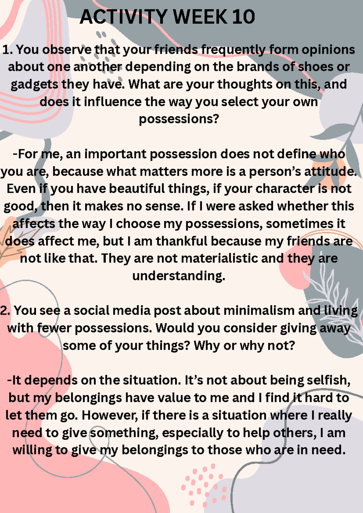 ACTIVITY WEEK 10: Reflections on Materialism and Minimalism - Studocu