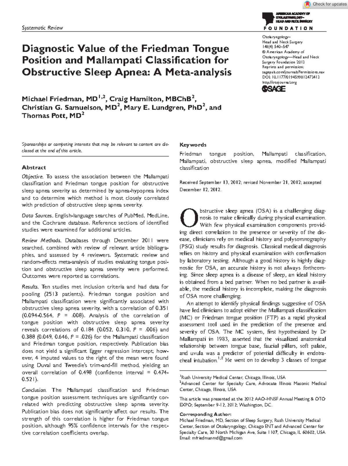 Otolaryngol -head neck surg - 2013 - Friedman - Diagnostic Value of the ...