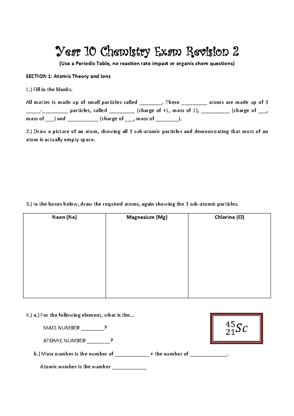 Year 10 Chemistry Exam Revision 2: Atomic Theory & Bonding Concepts ...