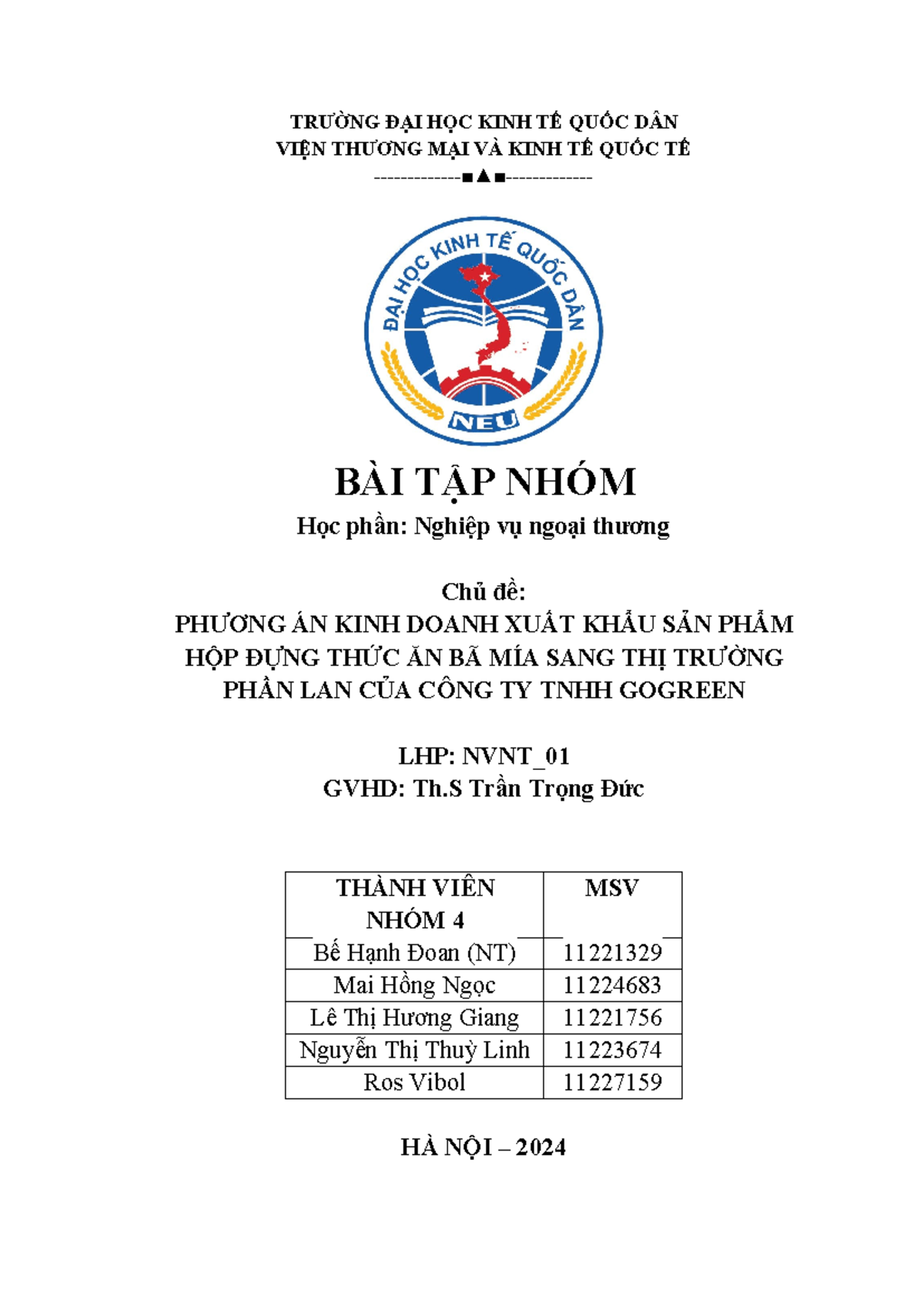 Phương án Kinh Doanh Xuất Khẩu Hộp Bã Mía Sang Phần Lan - NVNT_ - Studocu