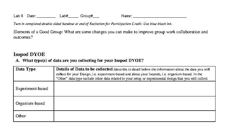BIO204f25 Lab 8 DYOE Recitation Handout: Group Work & Data Collection ...