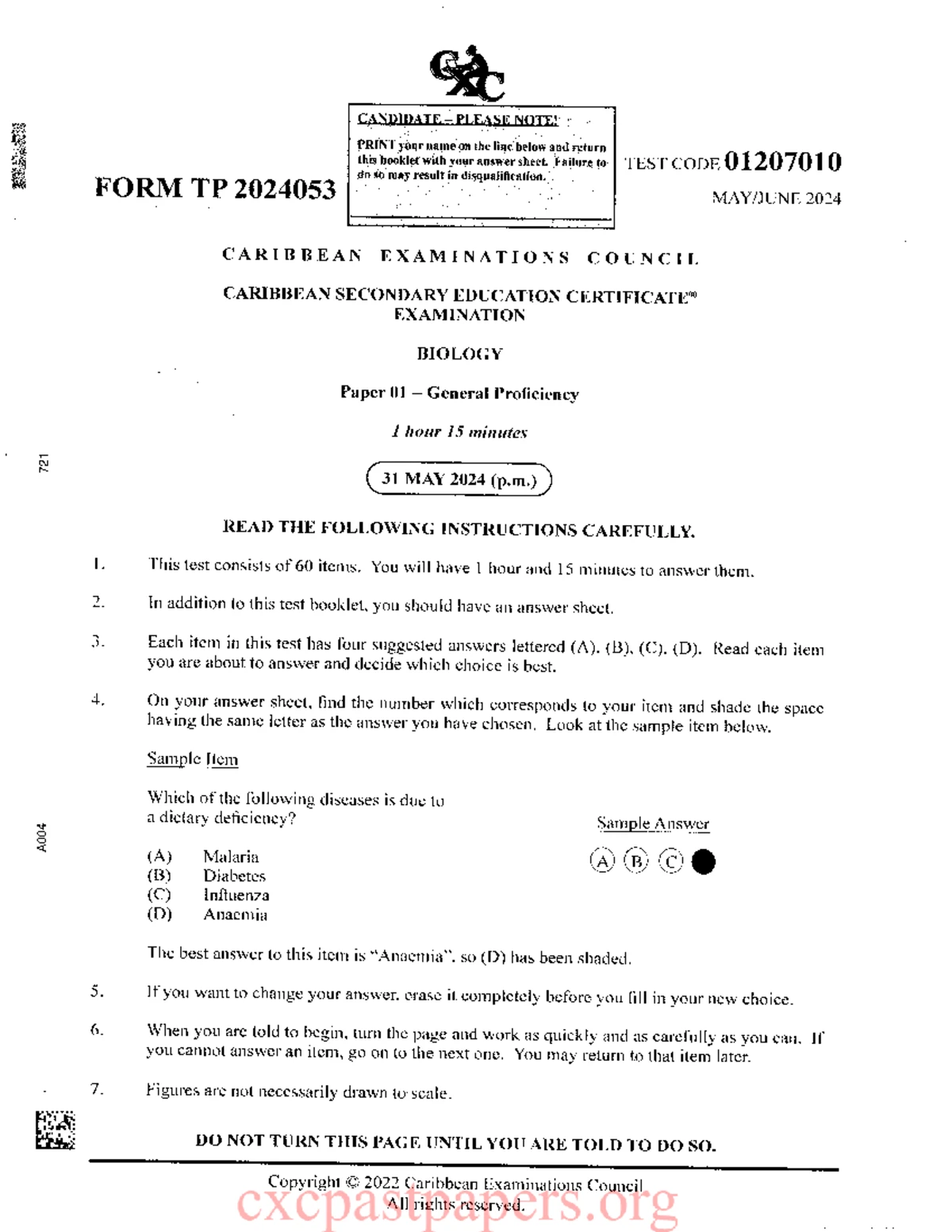 CAPE Biology 2024 Unit 2 Paper 02 - Test Code 02207020 - Studocu