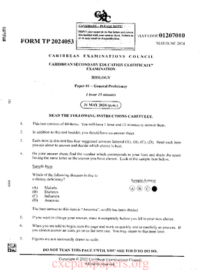 CXC Biology past paper 2 2016 - I i: rESr coDE 01207020l| FORM TP ...
