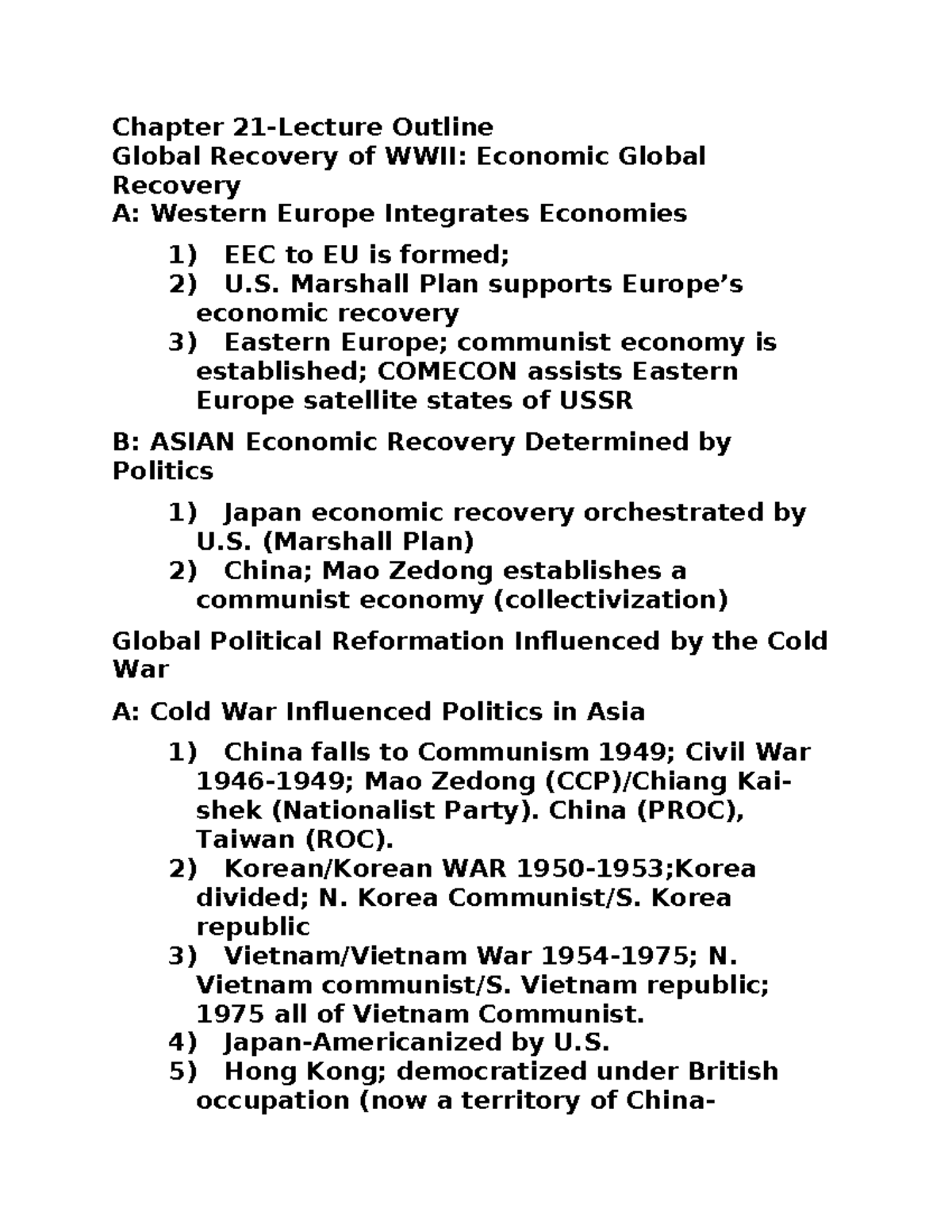Chapter Outline: Global Recovery Post-WWII and Cold War Influences ...