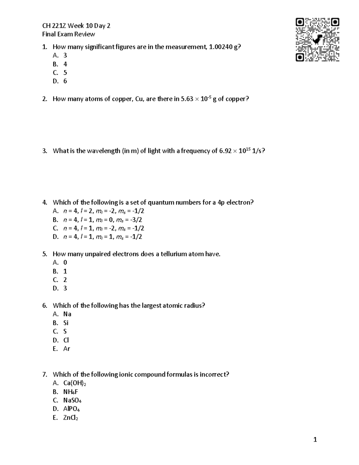 CH 221Z Final Exam Review - Week 10 Day 2 - Studocu