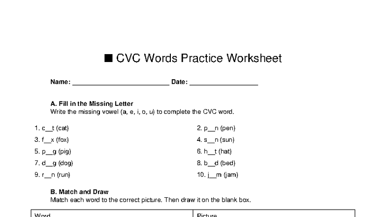 CVC Words Practice Worksheet for Early Readers - Studocu