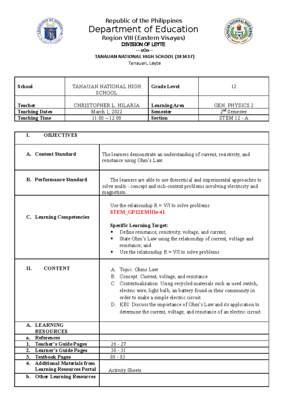 Daily Lesson Plan: Ohm's Law - GEN Physics 2 (Grade 12) - Studocu