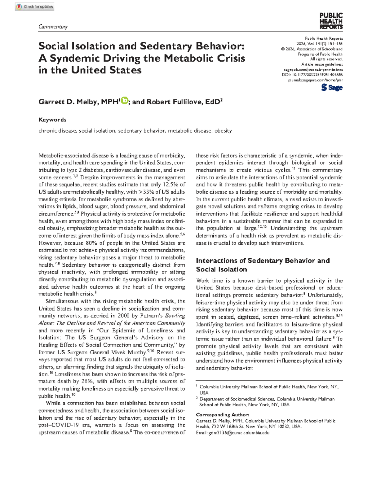 Social Isolation and Sedentary Behavior: A Syndemic Impacting Metabolic ...