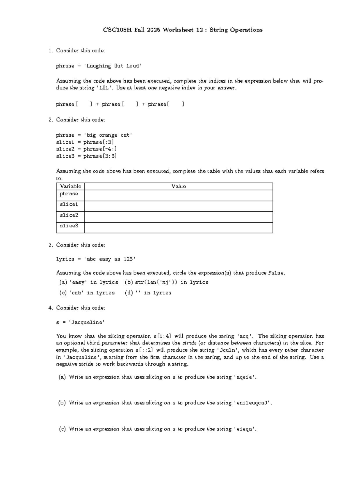 CSC108H Fall 2025 Worksheet 12: String Operations and Slicing - Studocu