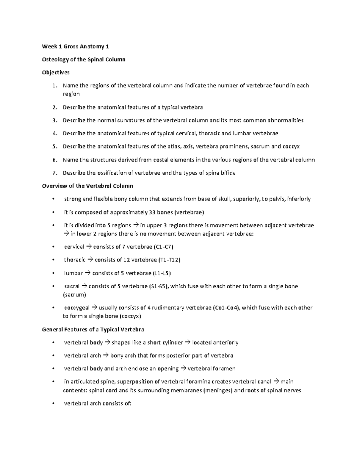 Week 1 Lecture Notes: Gross Anatomy of the Spinal Column (BIOL 101 ...