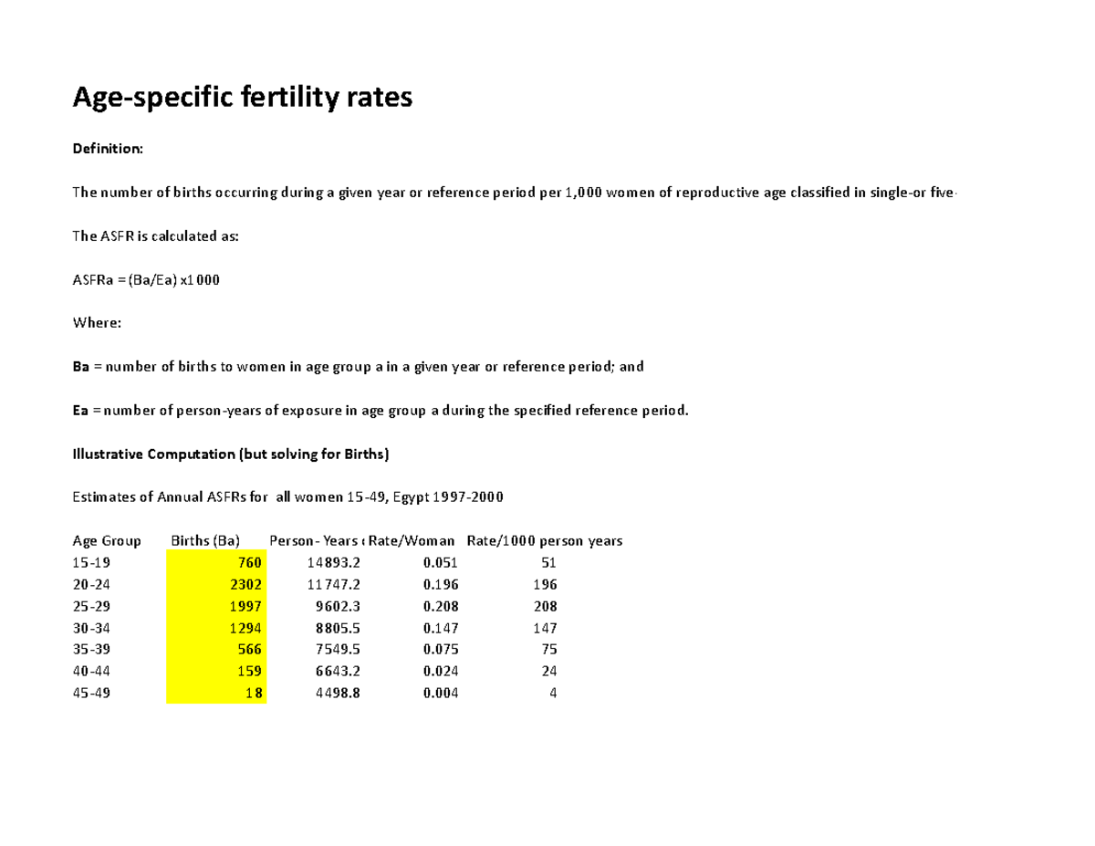 ASFR Calculation Examples & Solutions - Birth Rate by Age Groups - Studocu