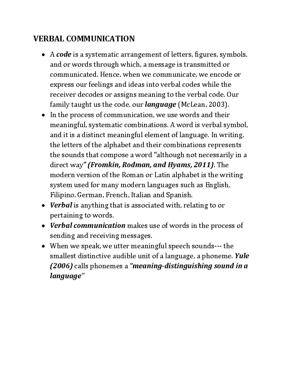 Verbal Communication - Lecture notes 1-2 - VERBAL COMMUNICATION A code ...