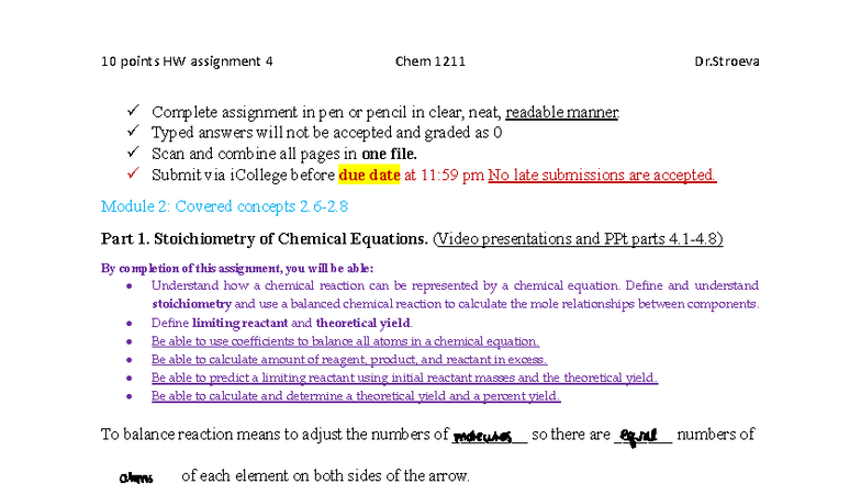 10 Points HW Assignment 4: Stoichiometry in Chem 1211 Dr. Stroeva - Studocu
