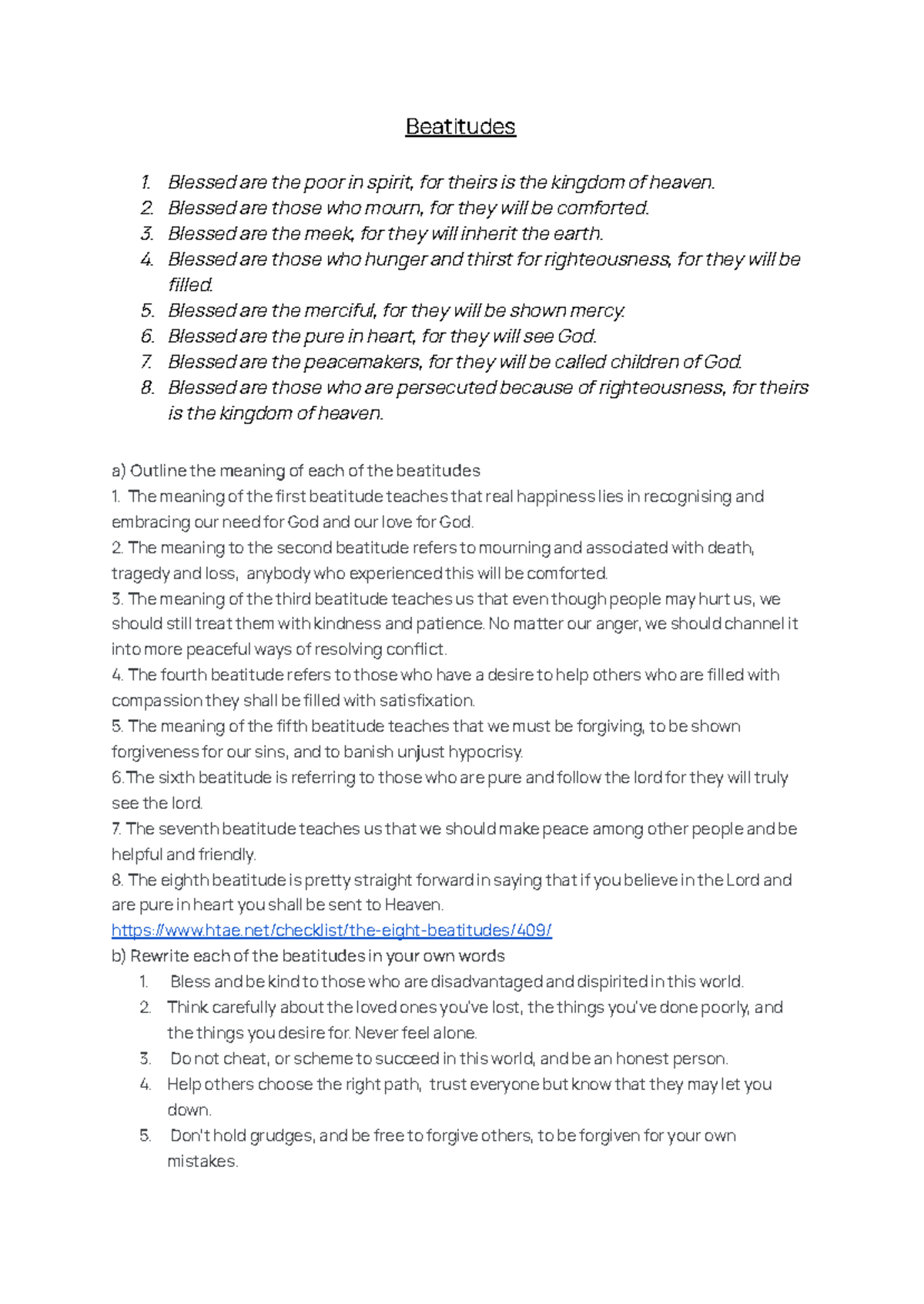Beatitudes Analysis and Reflections for Catholicism - Studocu