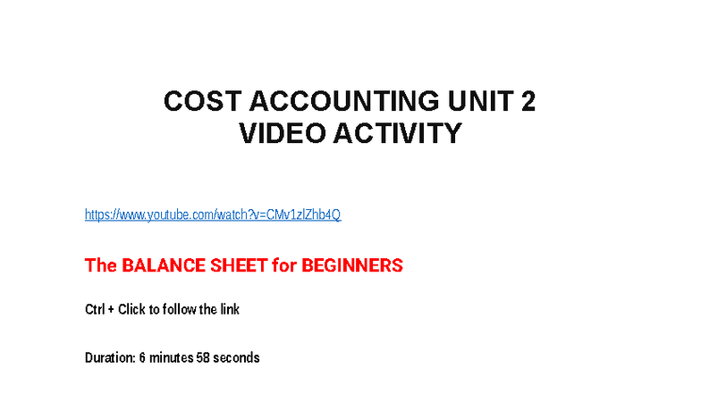 COST ACCOUNTING UNIT 2: Balance Sheet Basics for Beginners - Studocu