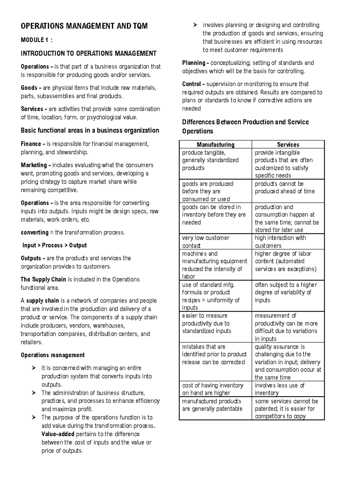 OMT MODULE 1 Reviewer: Intro to Operations Management and TQM - Studocu