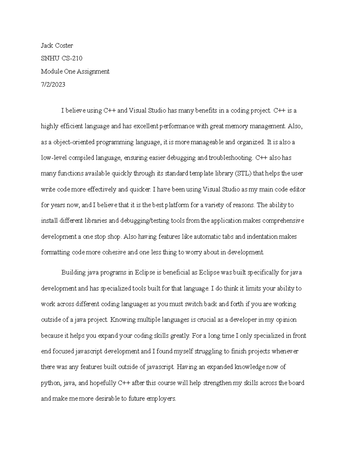 CS-210 Module One Assignment: Benefits of C++ and Visual Studio - Studocu