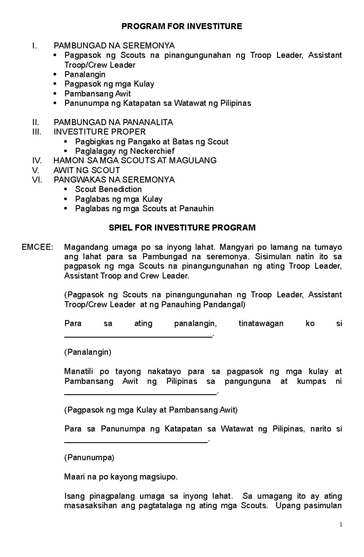 Investiture Ceremony Program for Senior Scouts - Studocu