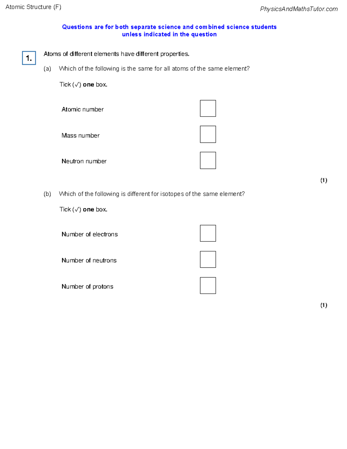 Atomic Structure (F) Quiz Paper: Key Concepts and Questions - Studocu