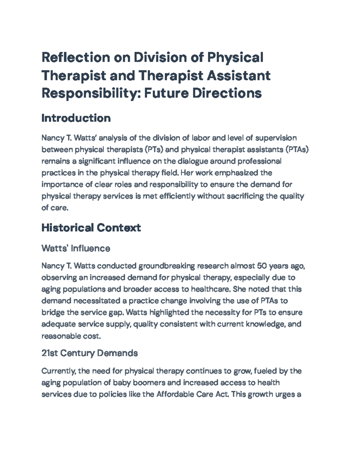 Reflection on PT and PTA Responsibilities: Future Directions in ...