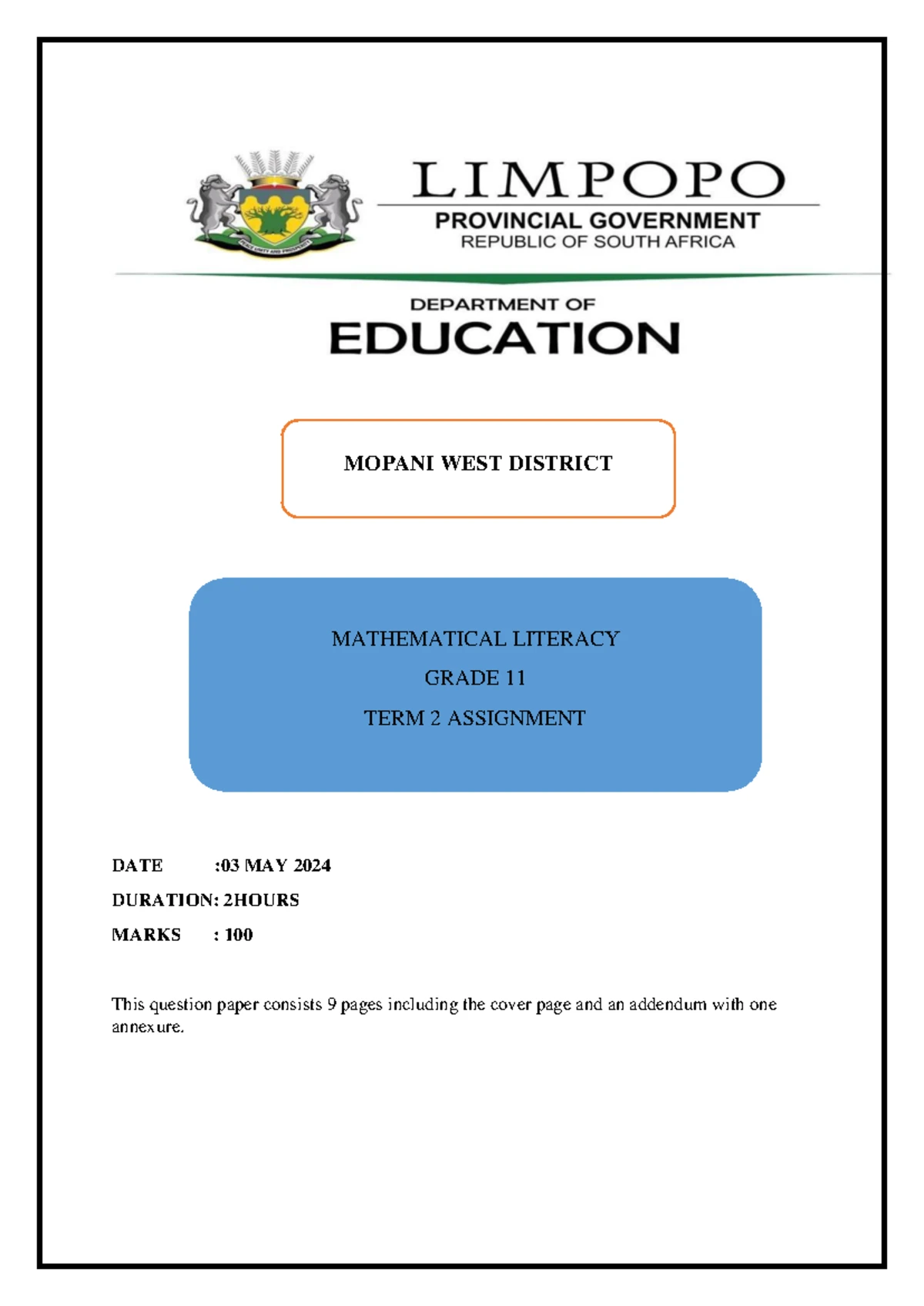 Mathematical Literacy Grade 12 Term 2 2024 Assignment Questions - Studocu