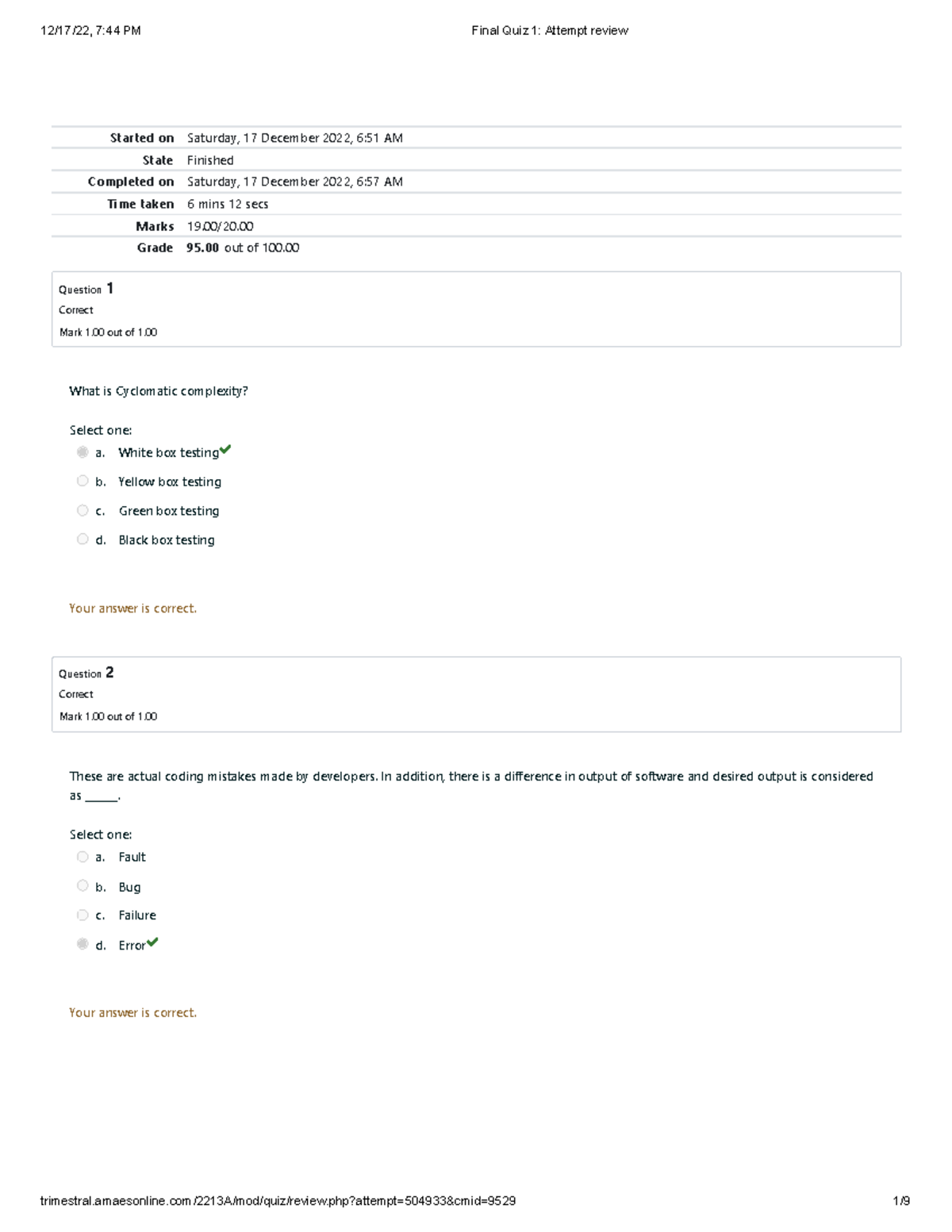 Final Quiz 1 Attempt review - Started on Saturday, 17 December 2022, 6: ...