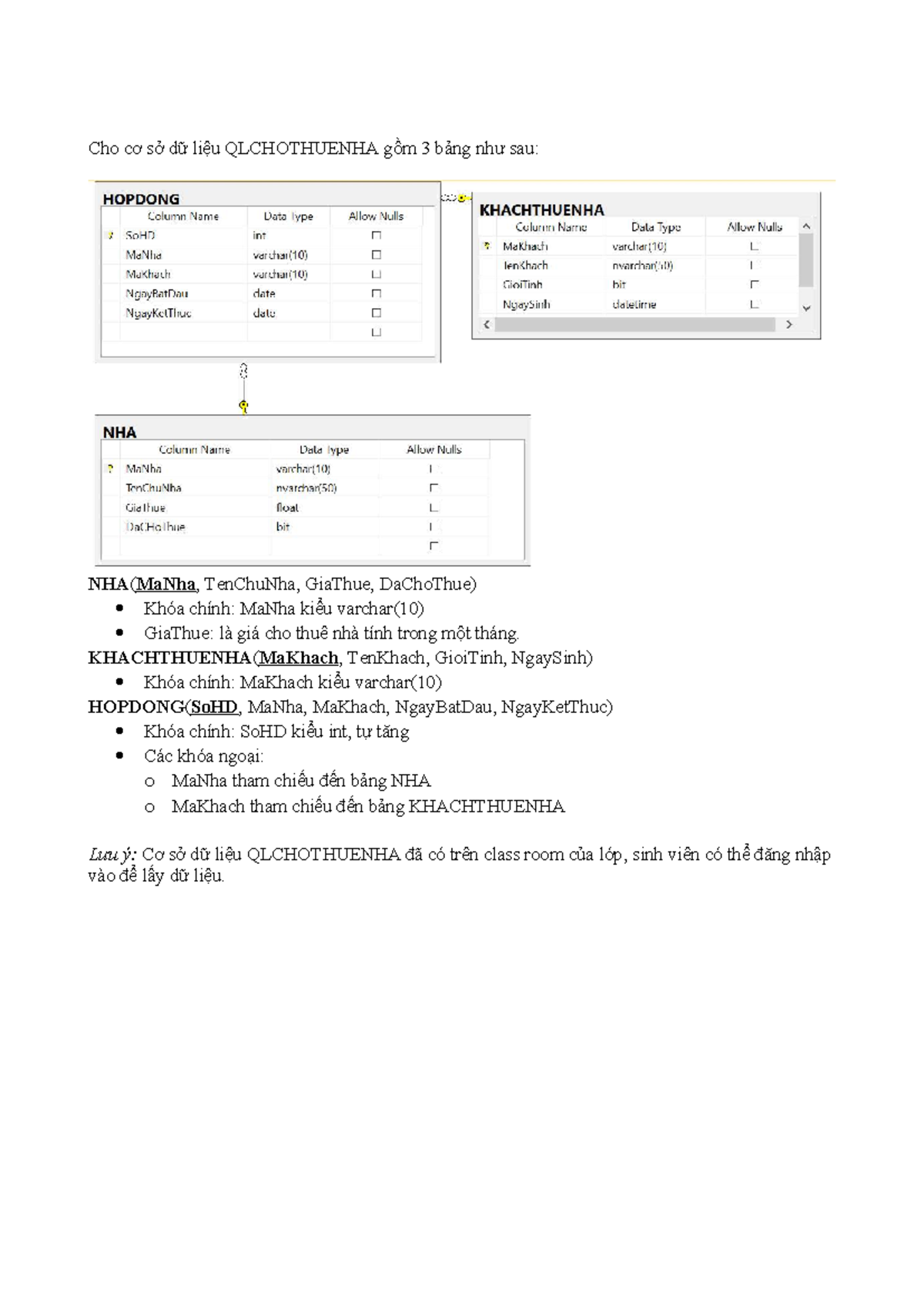 Bài Tập Win Form ADO - Cơ Sở Dữ Liệu QLCHOTHUENHA - Studocu