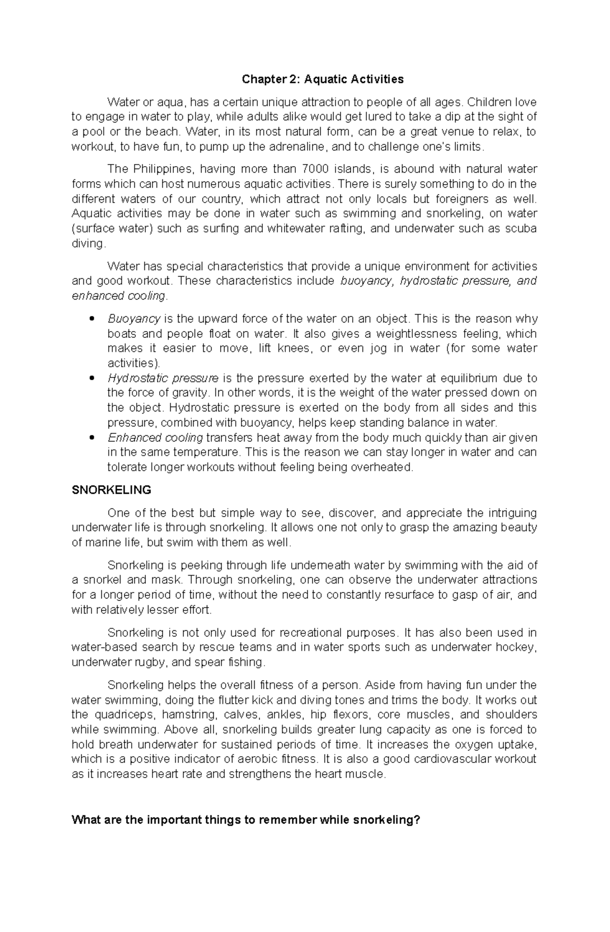 Chapter 2: Aquatic Activities Overview & Safety Tips (Course Code ...