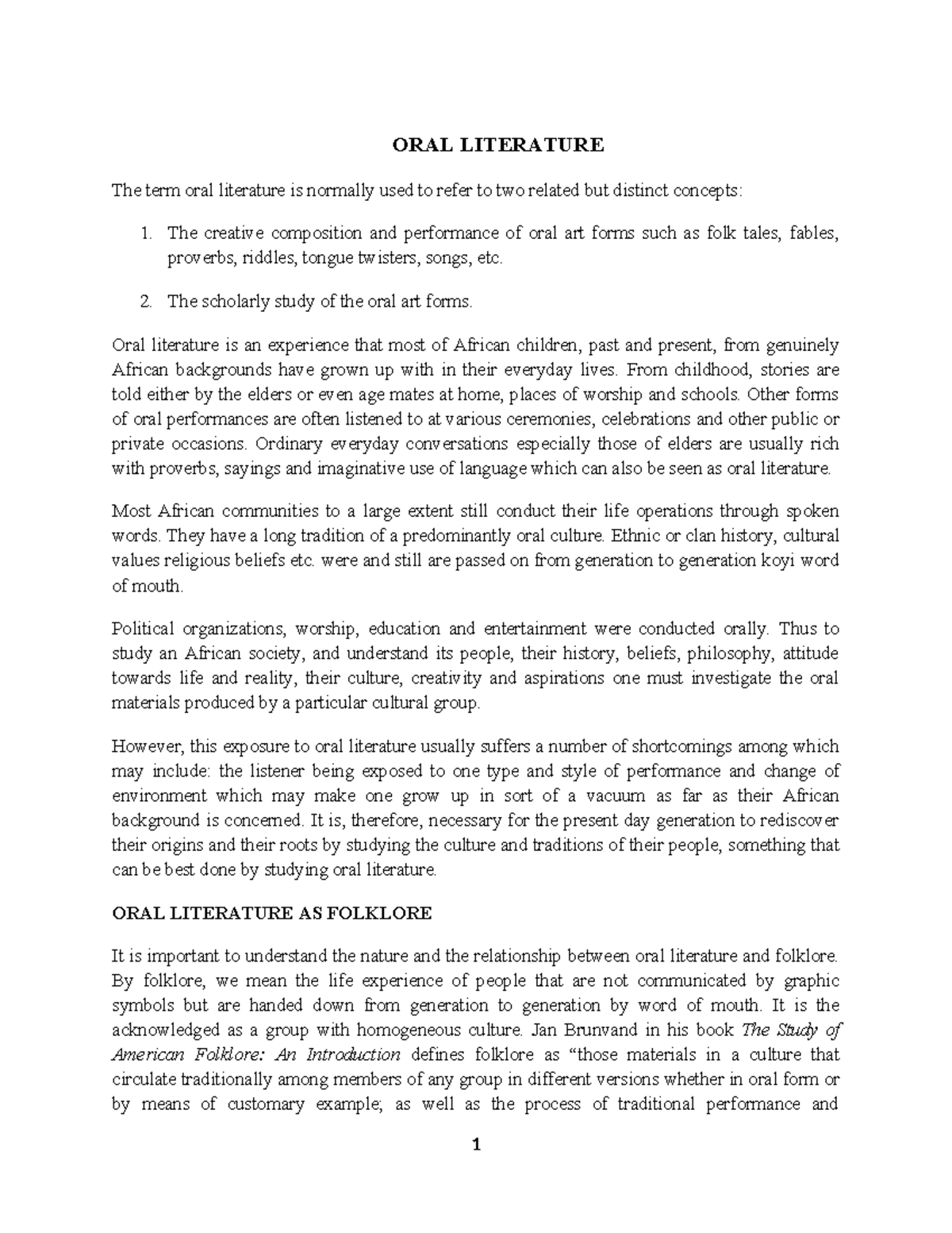 Final Exam Notes on ORAL Literature (ENG 205) - Studocu