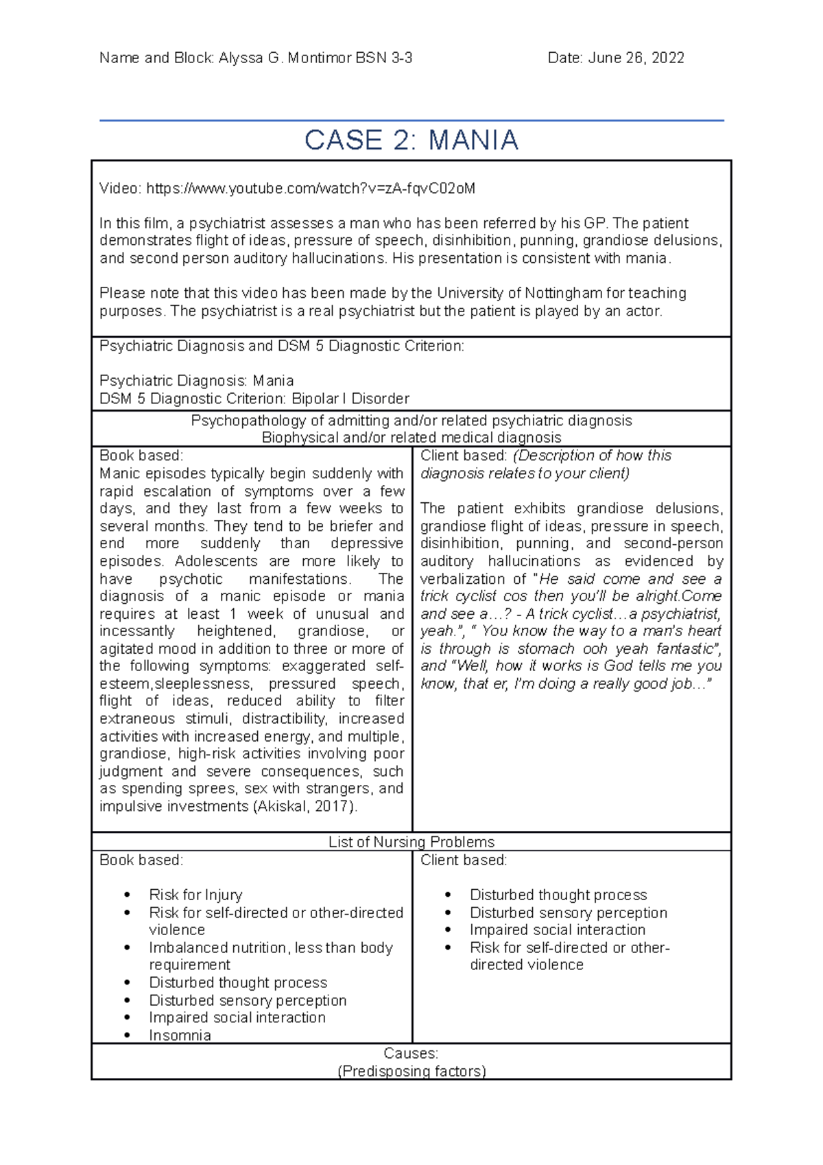 Case Study 2: Mania - Clinical Assessment & Management Insights - Studocu