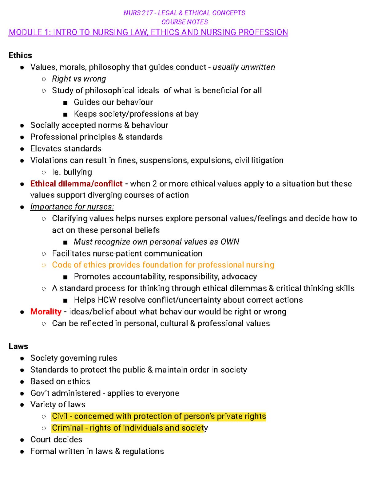 NURS 217 Legal & Ethical Concepts: Intro to Nursing Law & Ethics Notes ...