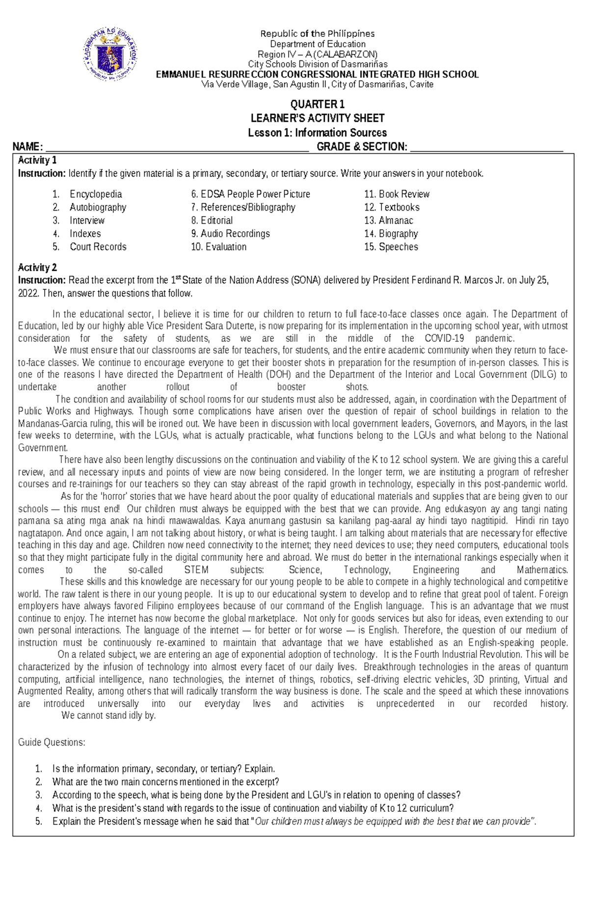 LAS Q1 Lesson 1 G10 - Learner's Activity Sheet on Information Sources ...