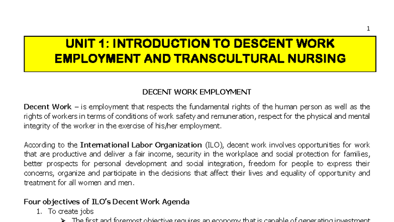 1 UNIT 1: Intro to Decent Work, Employment & Transcultural Nursing ...