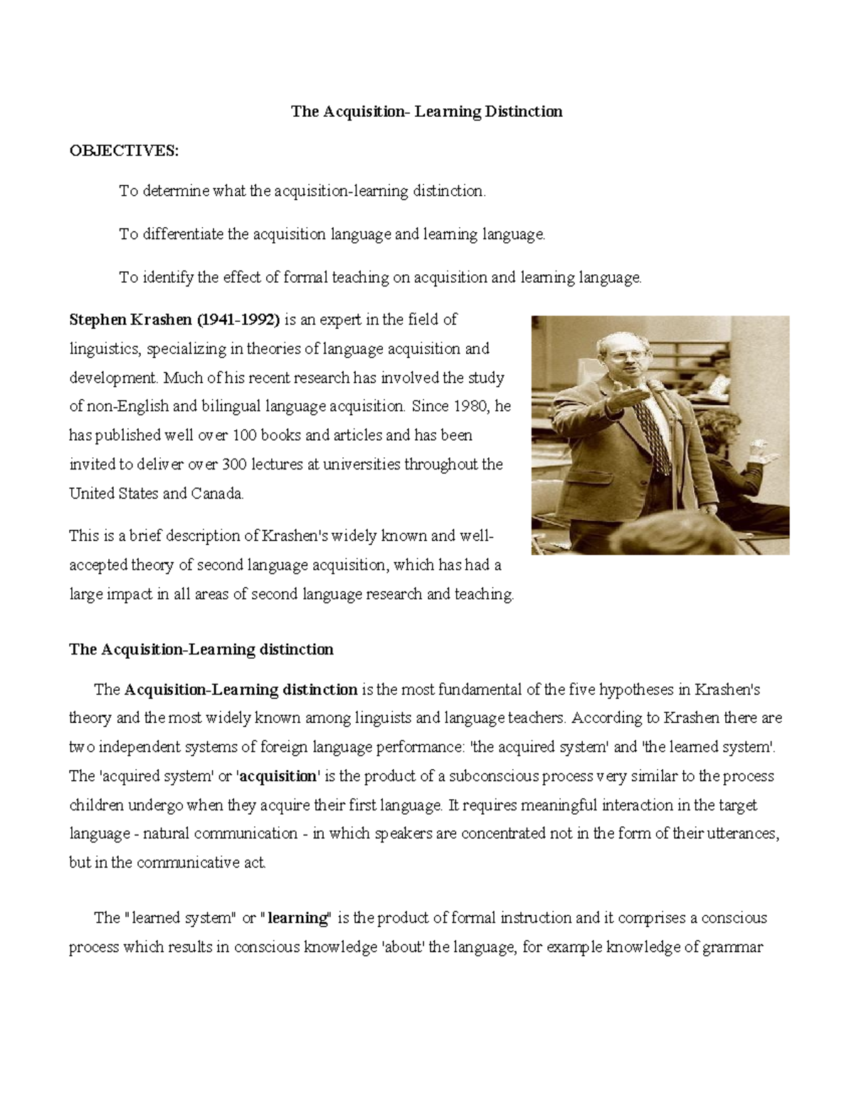 Krashen's Acquisition-Learning Distinction Overview and Impact - Studocu