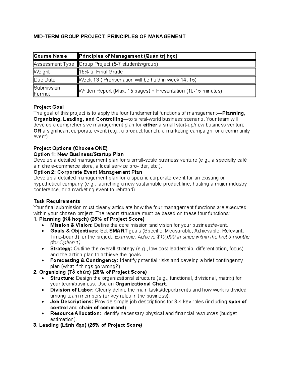 GROUP PROJECT: MANAGEMENT PLAN FOR SMALL BUSINESS OR EVENT - Studocu