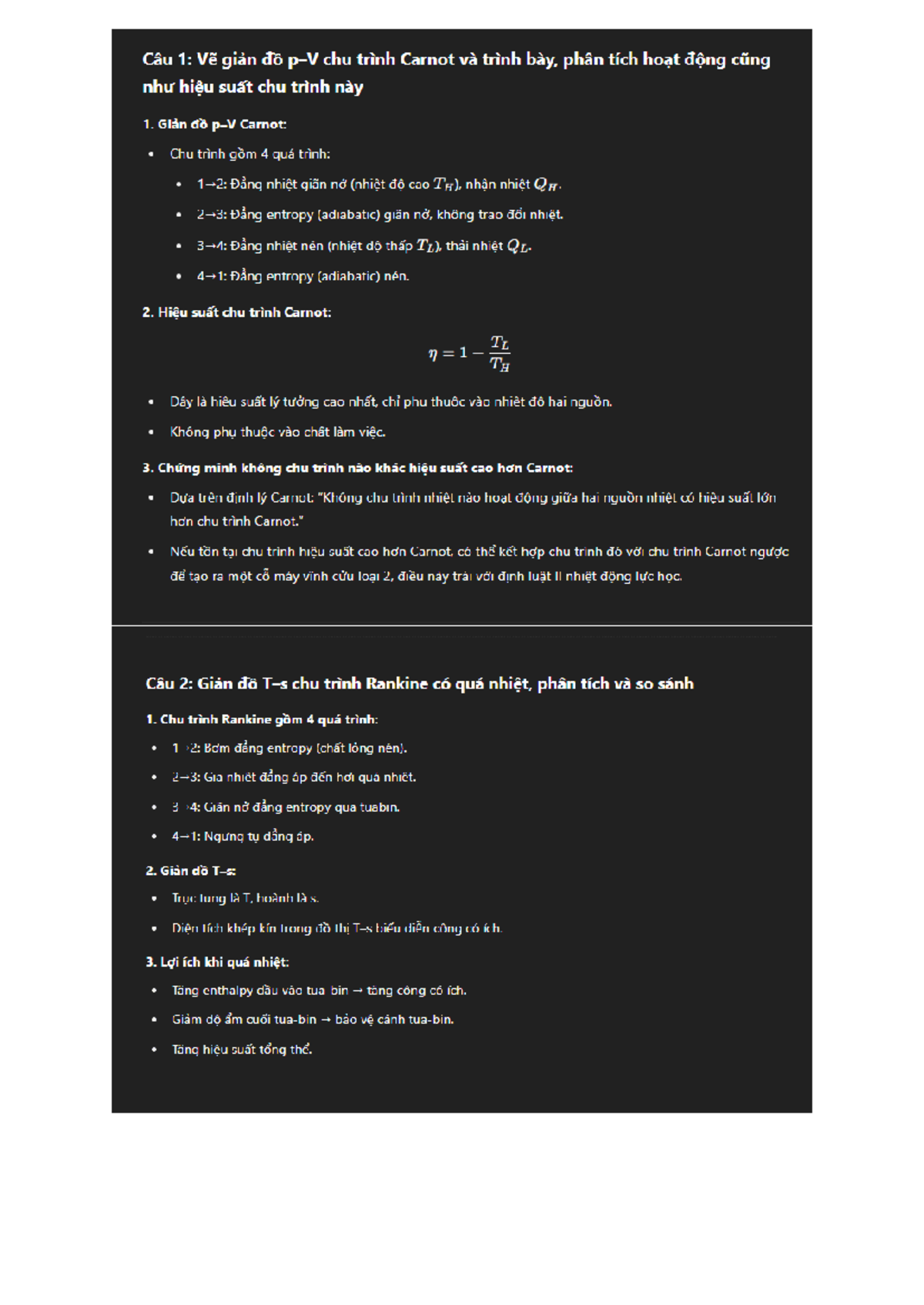 Câu hỏi và phân tích về chu trình Carnot và Rankine trong Nhiệt động ...