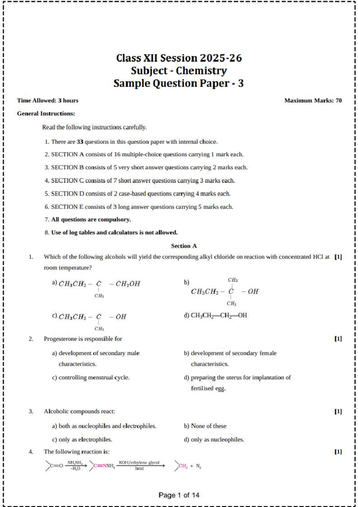 12th Chemistry Sample Question Paper 3 - Class XII - Studocu