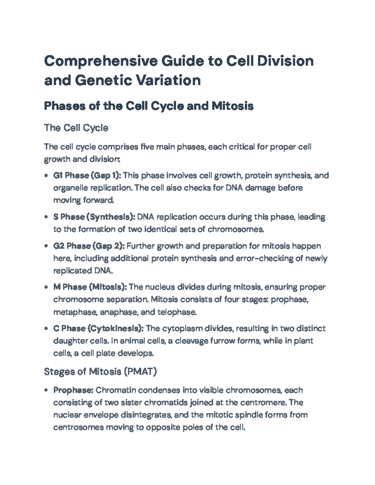 Comprehensive Guide to Cell Division and Genetic Variation (BIO 101 ...