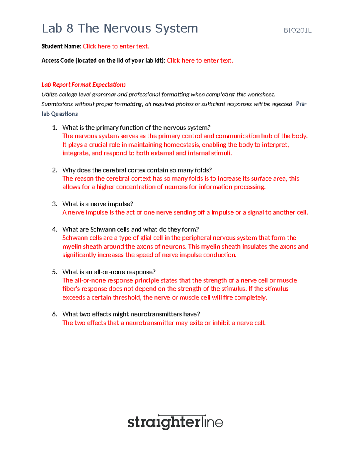 BIO201 Lab 8 - Comprehensive Nervous System Laboratory Report - Studocu