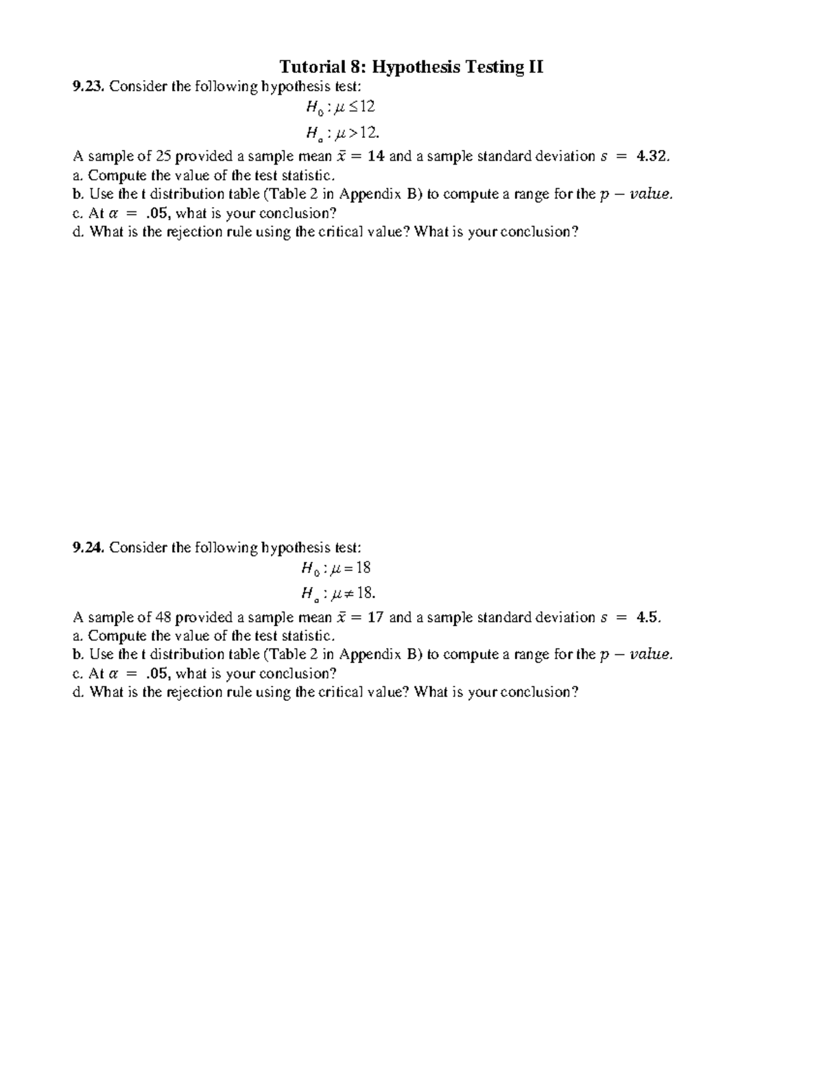 Tutorial 08 Hypothesis Testing II - Consider the following hypothesis ...