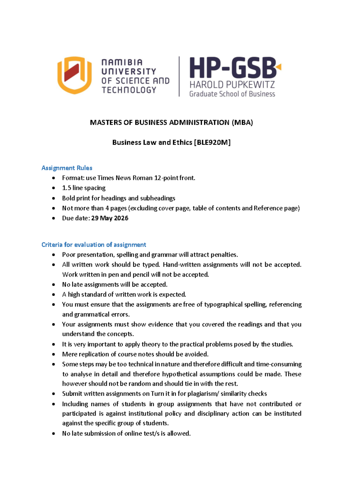 2026 - MBA Business Law & Ethics Group Assignment Guidelines - Studocu