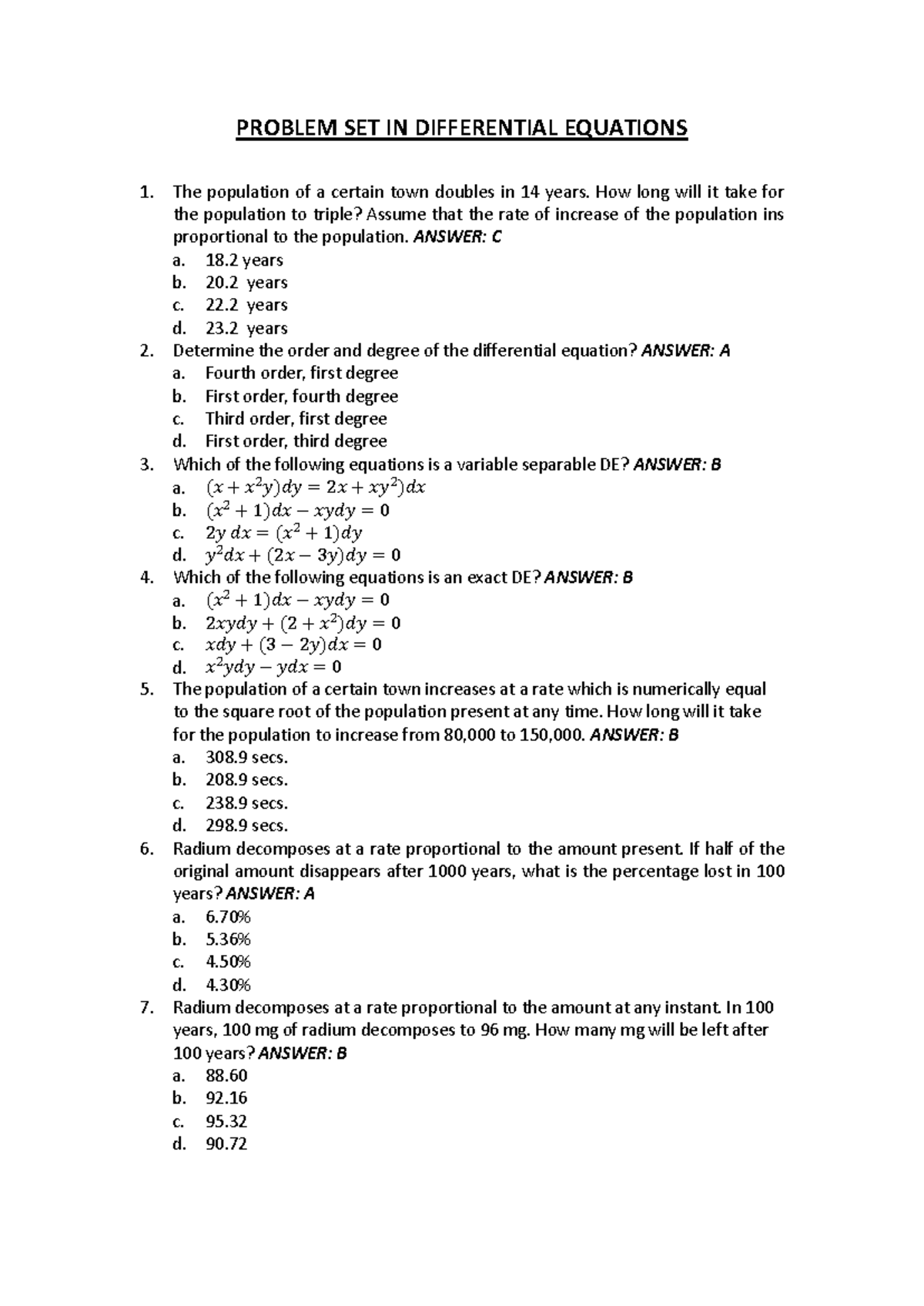 Differential Equations Problem Set - DE 101 Essentials - Studocu