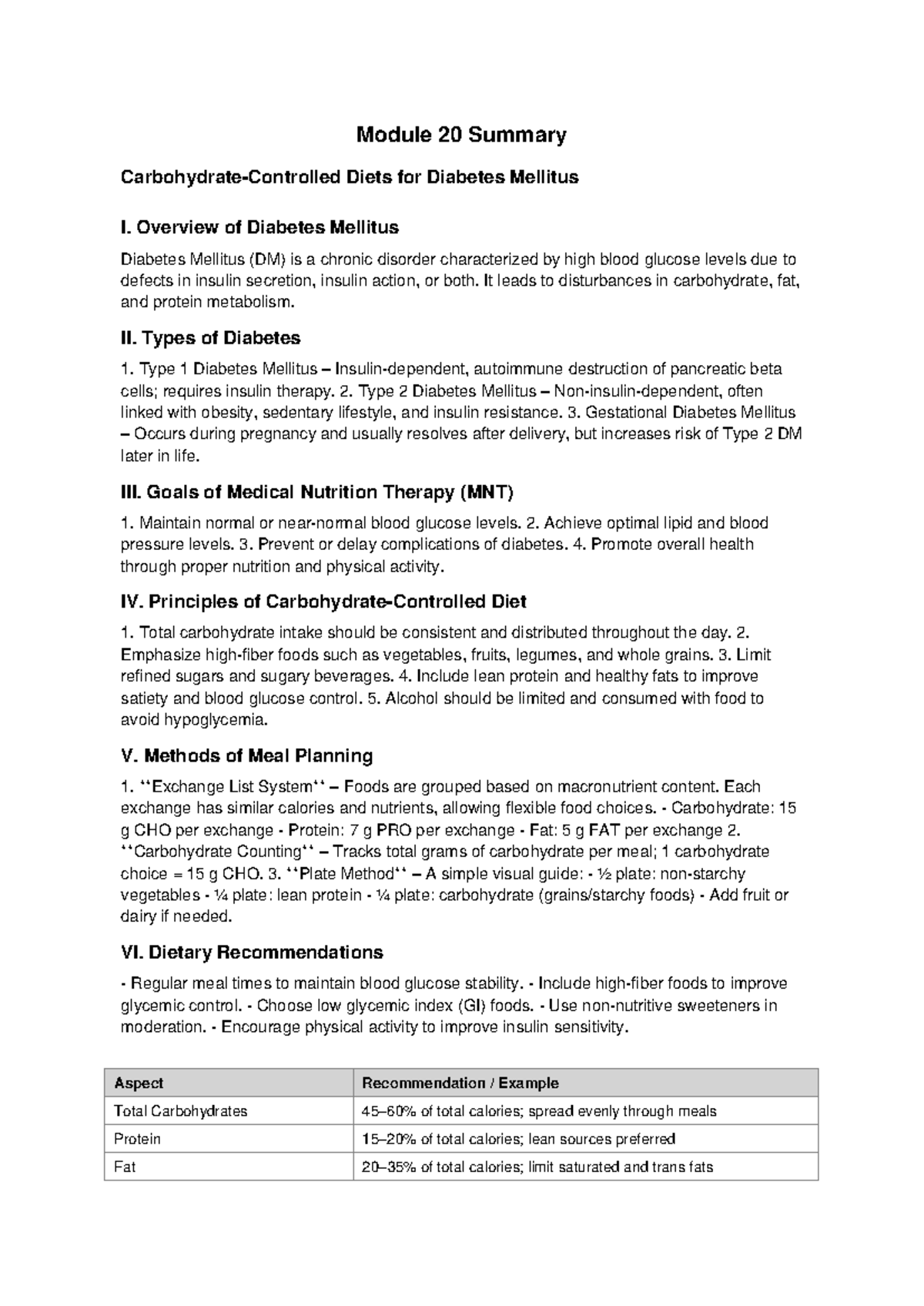 Module 20 Summary: Carbohydrate Controlled Diet for Diabetes Mellitus ...